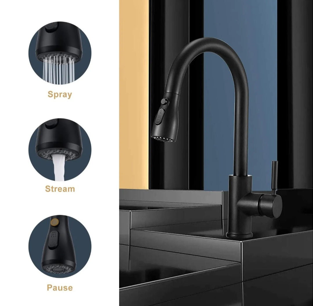 Kitchen Sink Mixer Taps Pull Out Spout Spray Single Lever - Matt Black ...