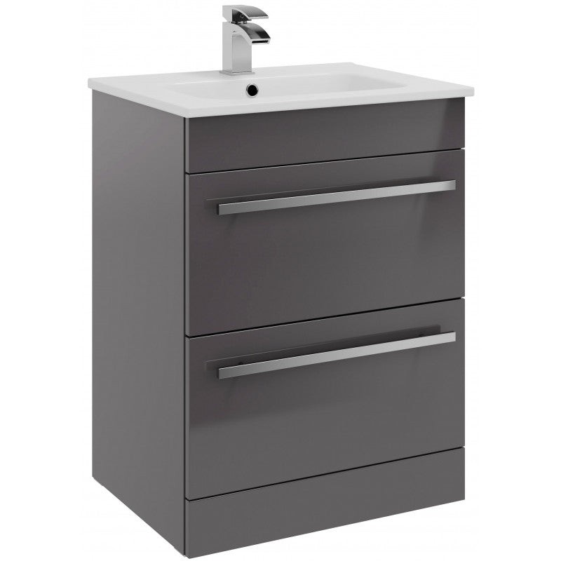 Milan Floor Standing 2 Drawer Unit & Basin - 600mm Grey Gloss ...