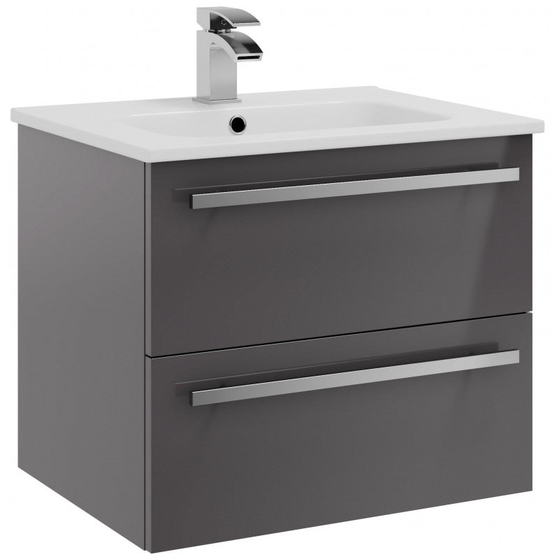 Milan Wall Mounted 2 Drawer Unit & Basin - 600mm Grey Gloss ...